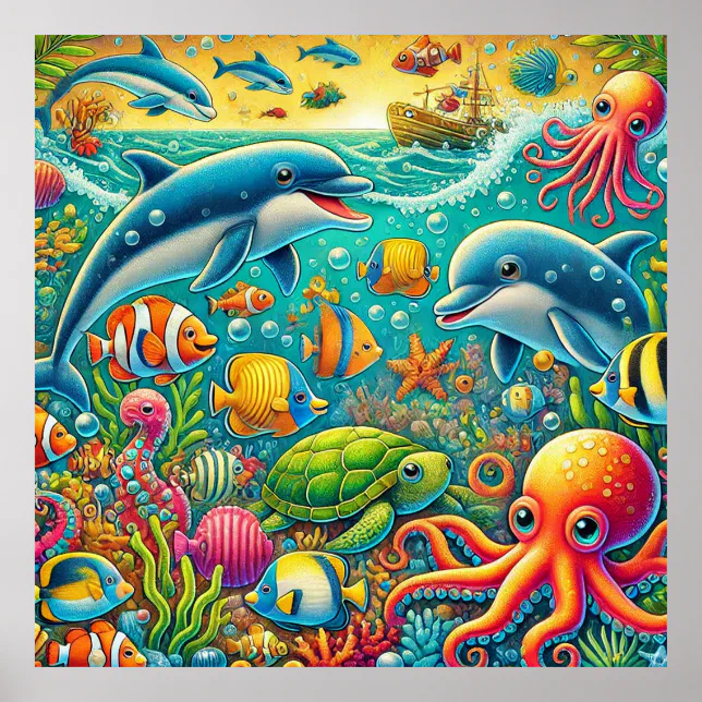 Colourful Underwater Scene Featuring Marine Life Poster | Zazzle