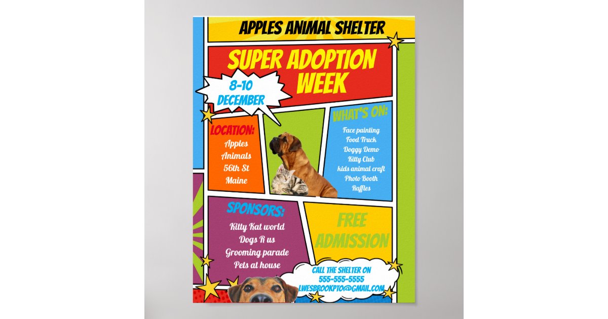COMIC animal shelter adoption SUPER HERO Poster | Zazzle