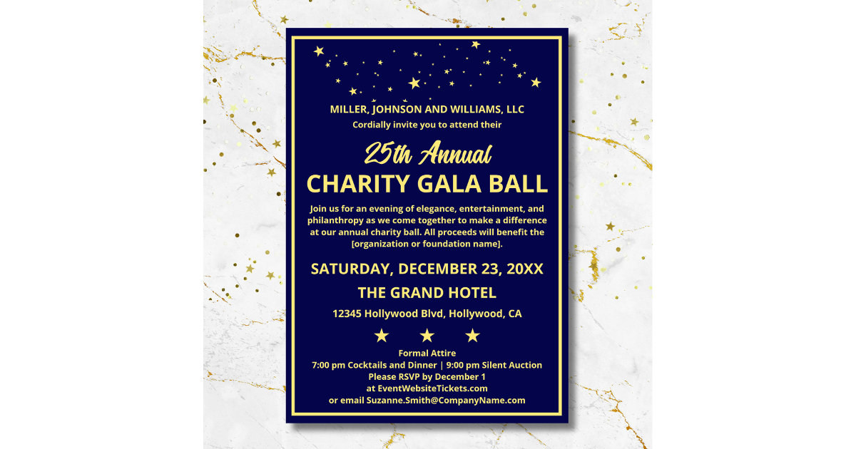 Company Charity Gala Ball Elegant Blue Gold Custom Invitation | Zazzle