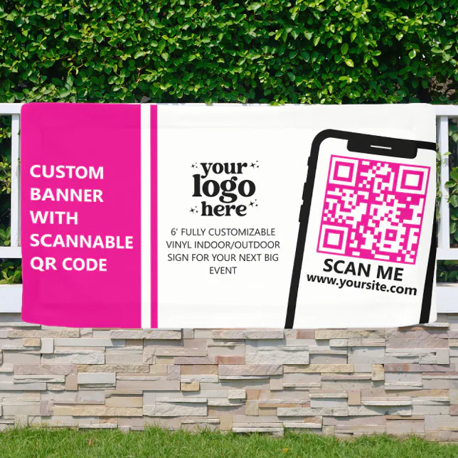 Company Logo QR Code Vinyl Hot Pink Indoor Outdoor Banner | Zazzle