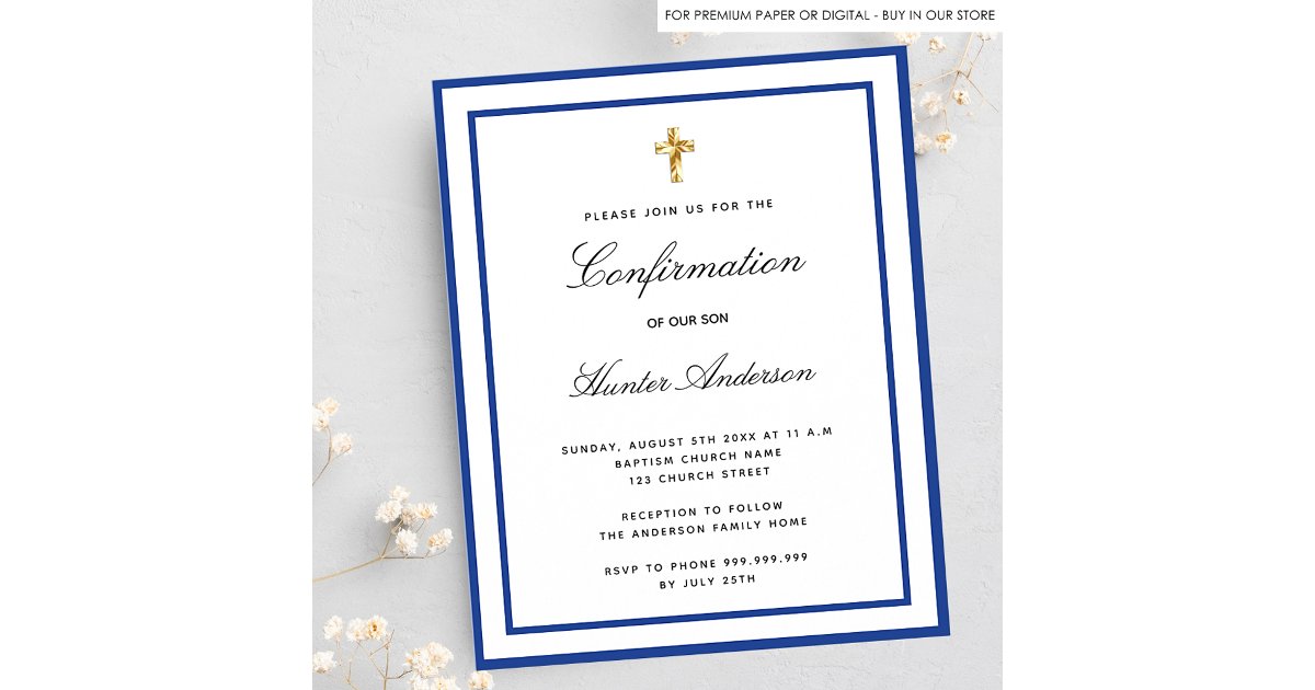 Confirmation royal blue white budget invitation flyer | Zazzle