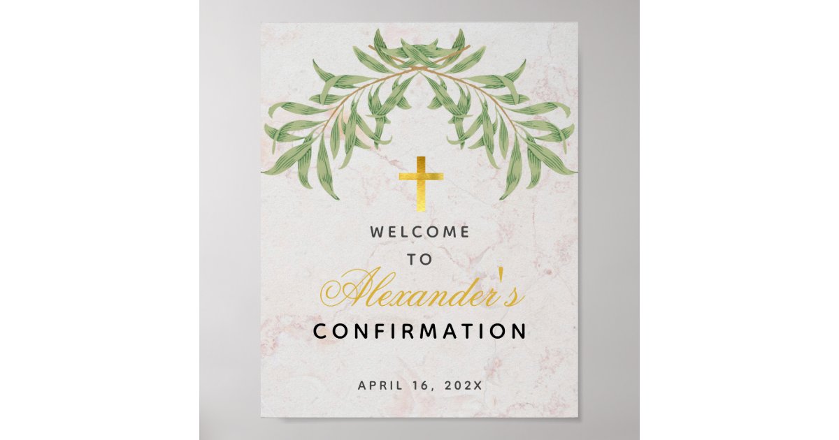 Confirmation Welcome Greenery Gold Cross Marble Poster | Zazzle