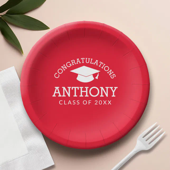 Congratulations Graduate Graduation Cap red white Paper Plate | Zazzle