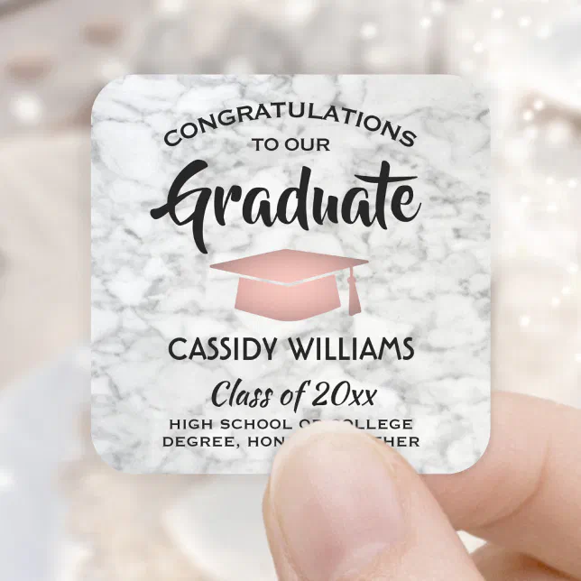 Congratulations Marble and Pink Trendy Graduation Square Sticker | Zazzle