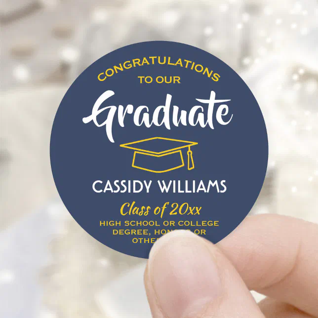 Congratulations Navy Blue and Gold Graduation Classic Round Sticker ...