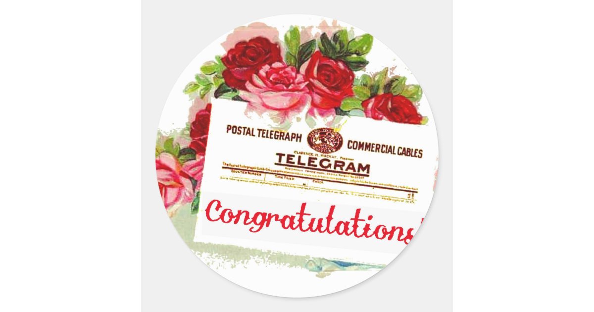 Congratulations Telegram Roses Vintage Postcard Classic Round Sticker ...