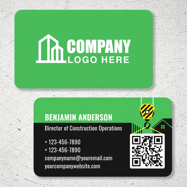 Construction Company Logo QR Code Green Business Card | Zazzle