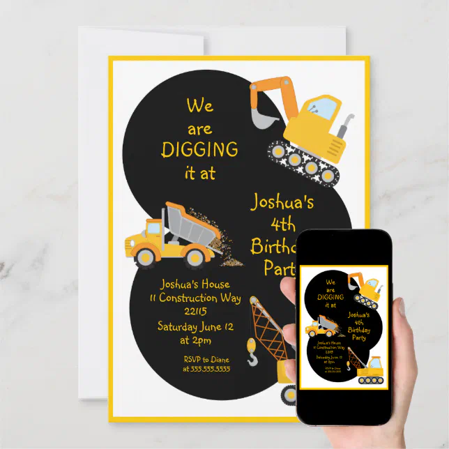Construction Trucks Digging It Birthday Party Invitation | Zazzle
