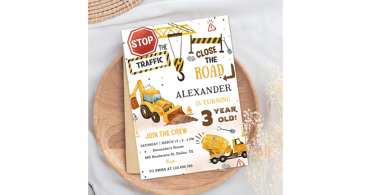 Construction Trucks Theme 3rd Birthday Party Invitation | Zazzle