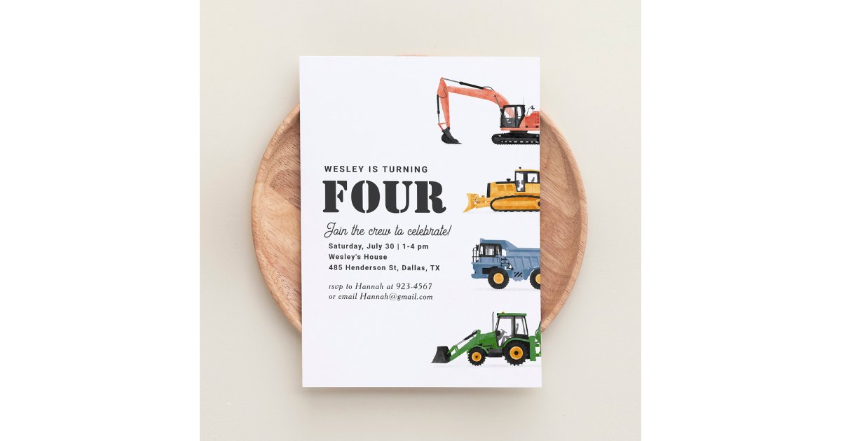 Construction Vehicles 4th Birthday Party Invitation | Zazzle