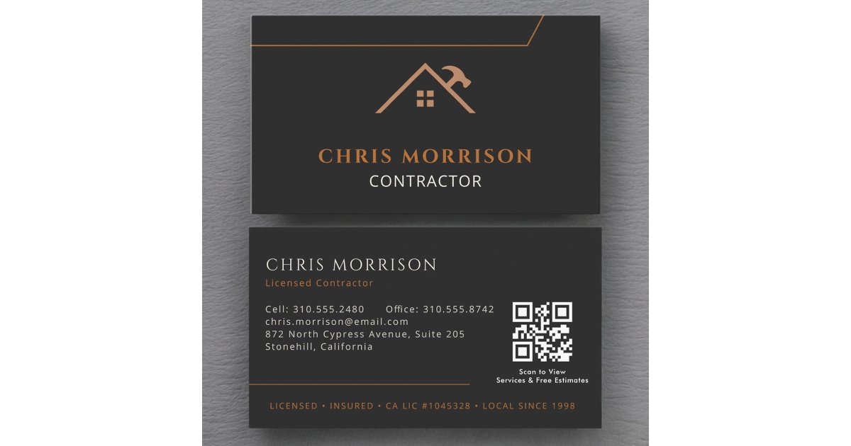 Contractor Construction QR Code Black Copper Business Card | Zazzle