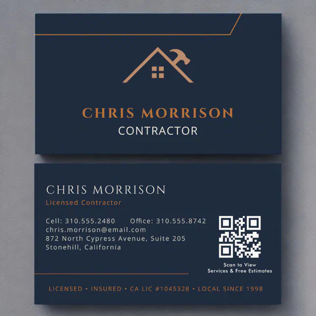 Contractor Construction QR Code Navy Blue Copper Business Card | Zazzle