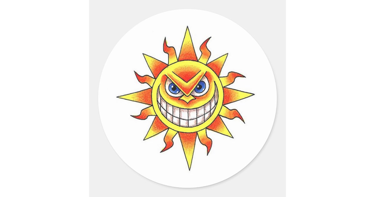 Cool cartoon tattoo symbol evil smiling SUN face Classic Round Sticker ...