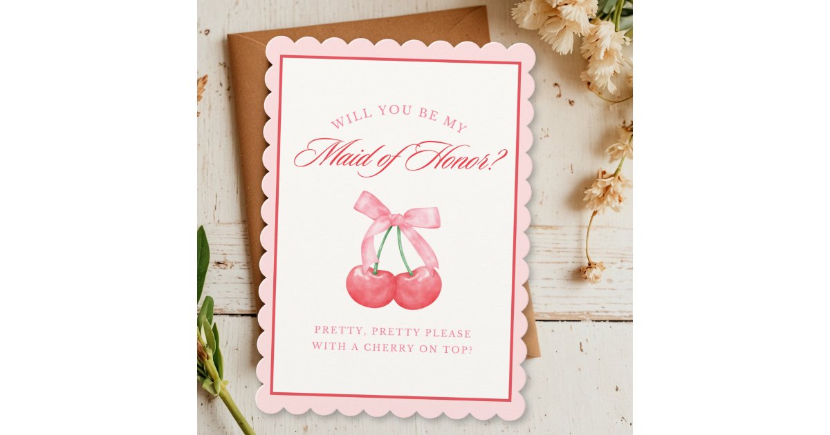 Coquette Bow Chic Cherry Maid of Honour Proposal Invitation | Zazzle