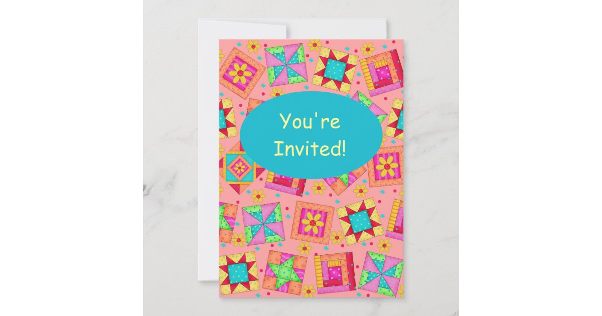 Coral Orange Patchwork Quilt Block Art Invitation | Zazzle
