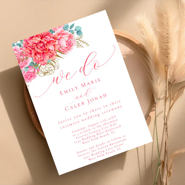 Coral Pink Gold Floral Intimate Courthouse Wedding Invitation | Zazzle