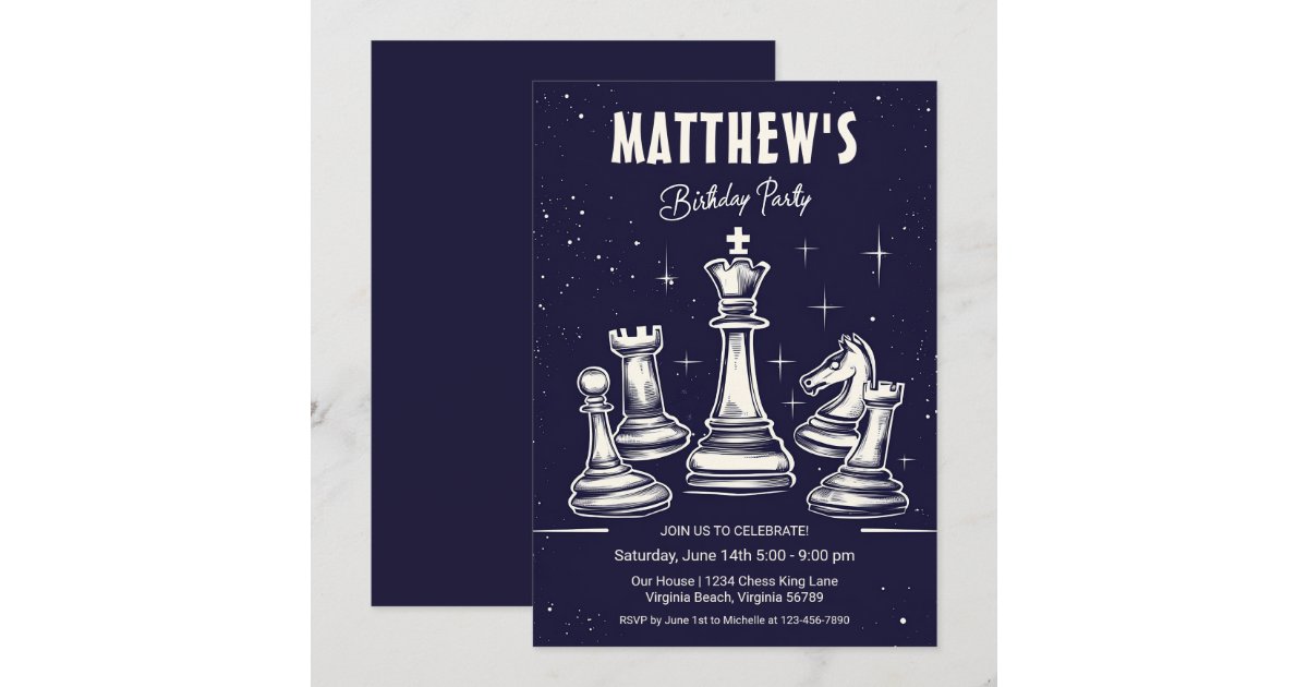 Cosmic Chess-Themed Modern Stary Birthday Party Invitation | Zazzle