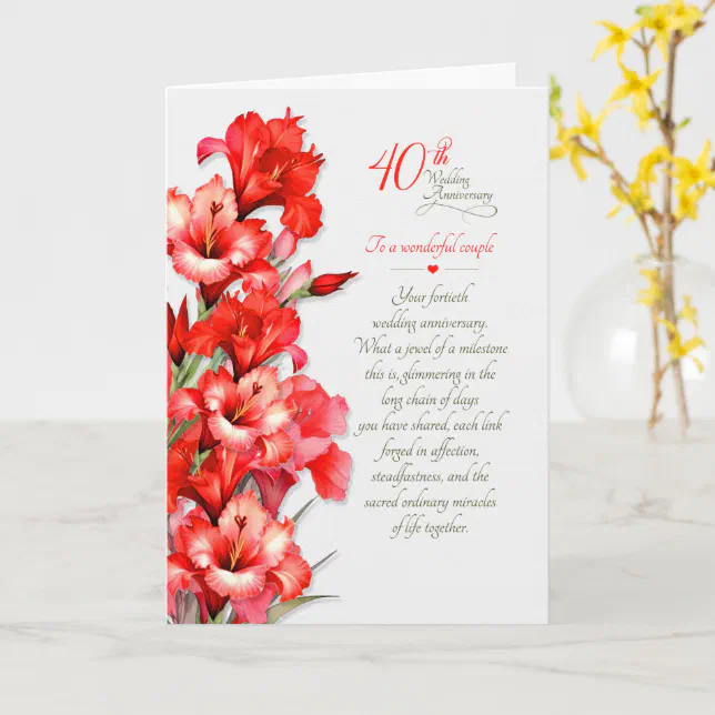 Couple's 40th Wedding Anniversary Red Gladiolus Card | Zazzle