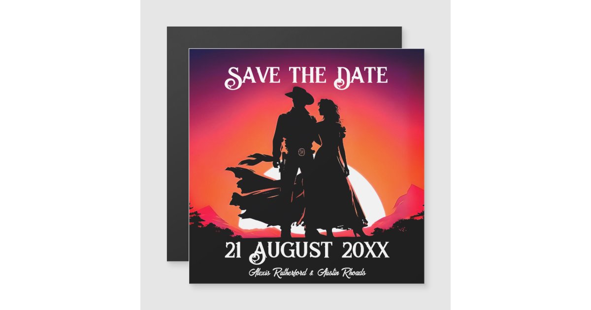 Cowboy and Cowgirl at Sundown Save the Date Magnetic Invitation | Zazzle