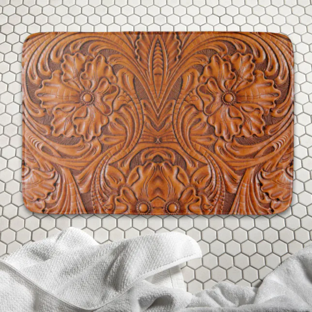 Cowboy Rustic western country tooled leather print Bath Mat | Zazzle