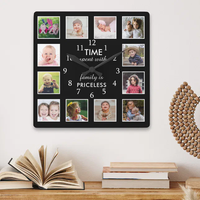 Custom 12 Photo Collage Family Time Quote Black Square Wall Clock | Zazzle