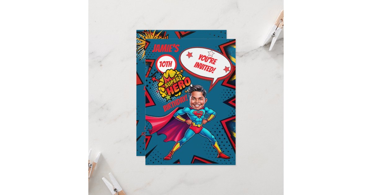 Custom Blue and Red Super Hero Boy Caricature Invitation | Zazzle