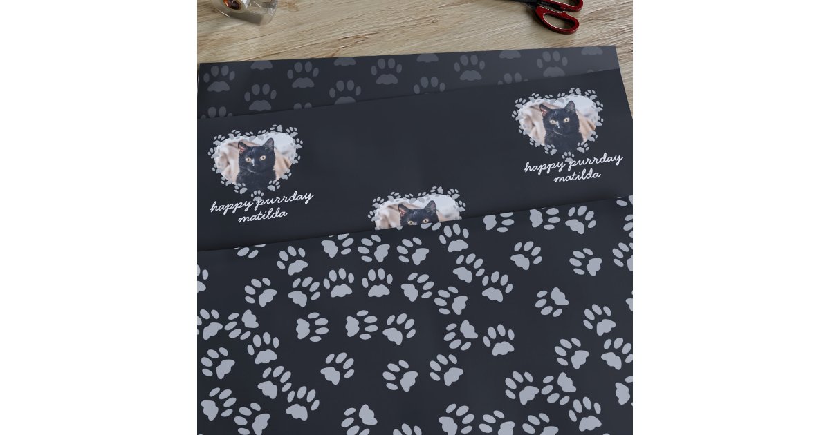 Custom Cat Photo Paw Print Pet Birthday Black Wrapping Paper Sheet | Zazzle