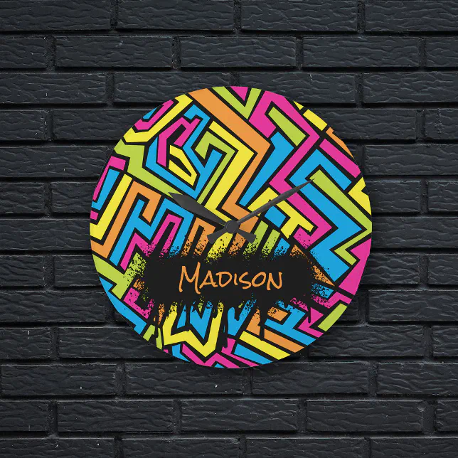 Custom Colourful Neon Graffiti Street Art Pattern Large Clock | Zazzle