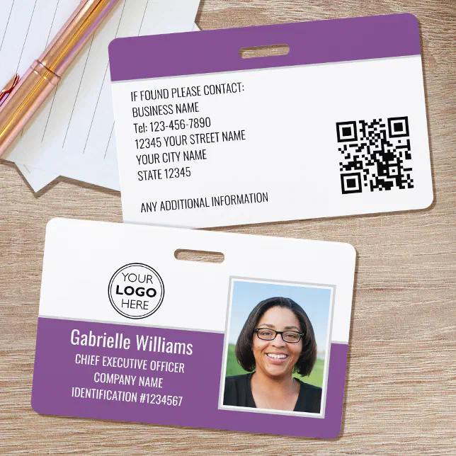 Custom Company Employee ID Photo Security Purple ID Badge | Zazzle