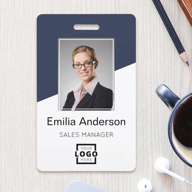 Custom Company Logo Bar Code Employee Photo Blue ID Badge | Zazzle