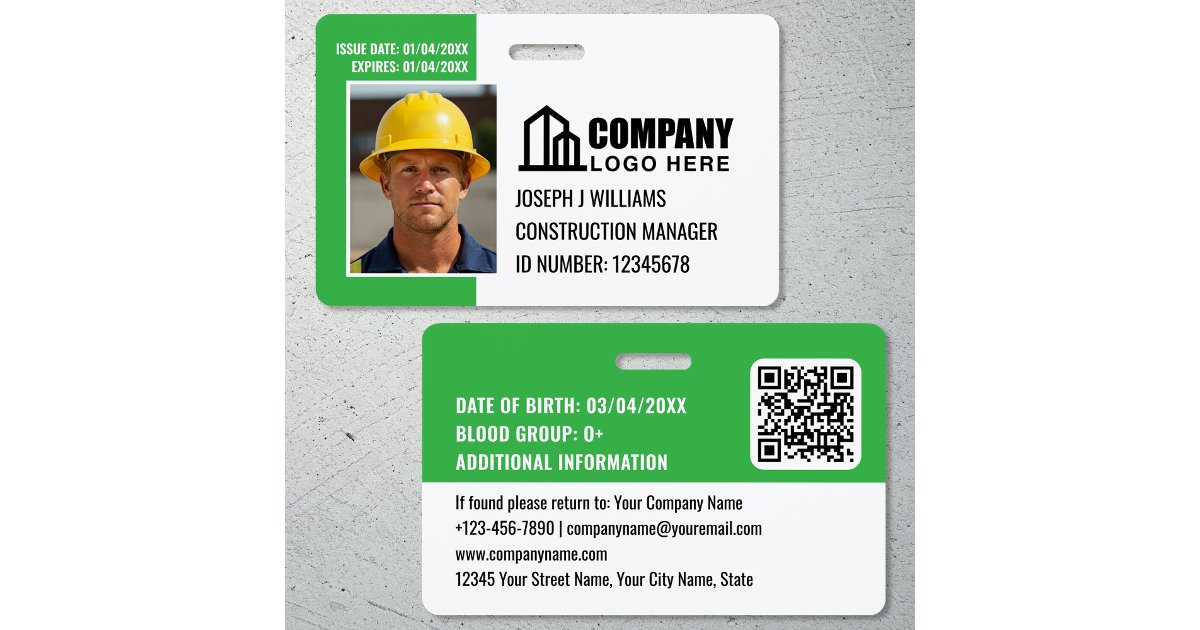 Custom Construction Site ID Logo QR Code Green ID Badge | Zazzle