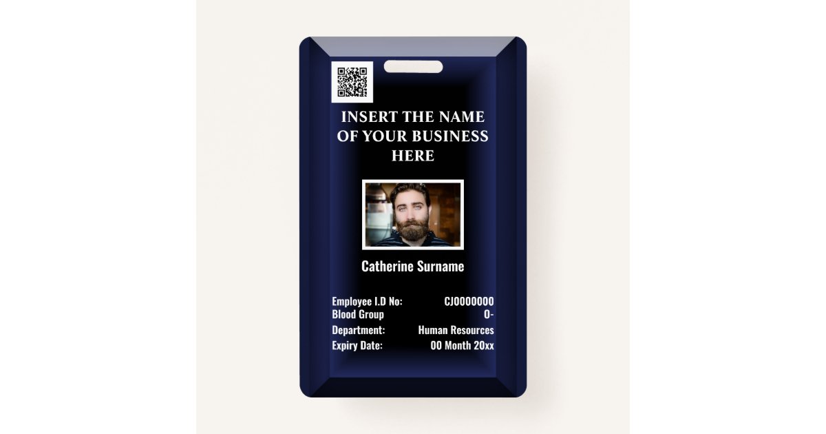 Custom employee ID card | Photo logo blue navy ID Badge | Zazzle