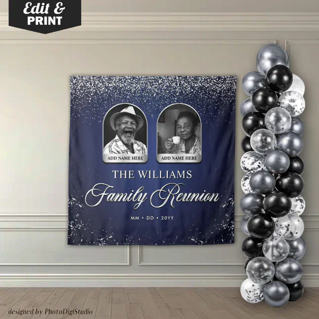 Custom Family Reunion Banner, 2 Photo Blue Silver Tapestry | Zazzle