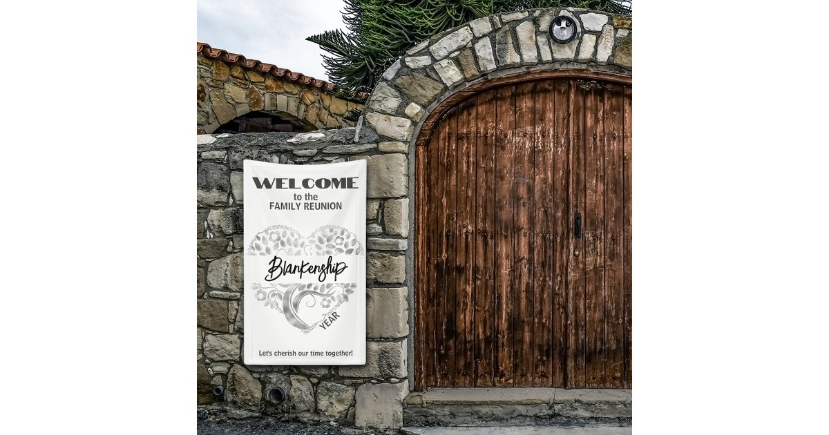 Custom Family Reunion Heart Art Tree White Silver Banner | Zazzle