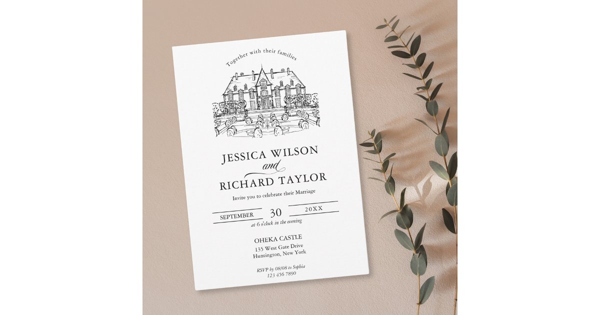 Custom Hand Drawn Venue Illustration Wedding Invitation | Zazzle