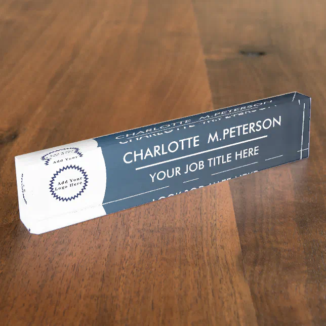 Custom Logo Elegant Navy Blue Nameplate | Zazzle
