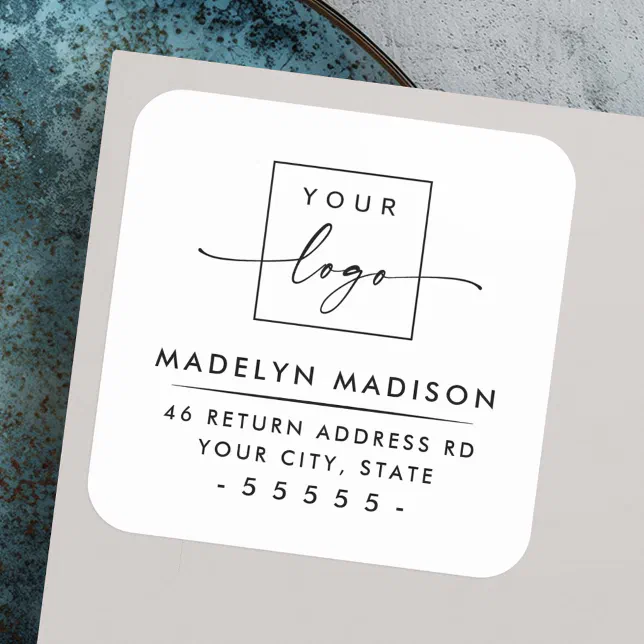 Custom logo modern minimalist white return address square sticker | Zazzle