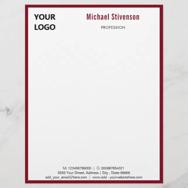 Custom Logo Name Address Text Info Letterhead | Zazzle