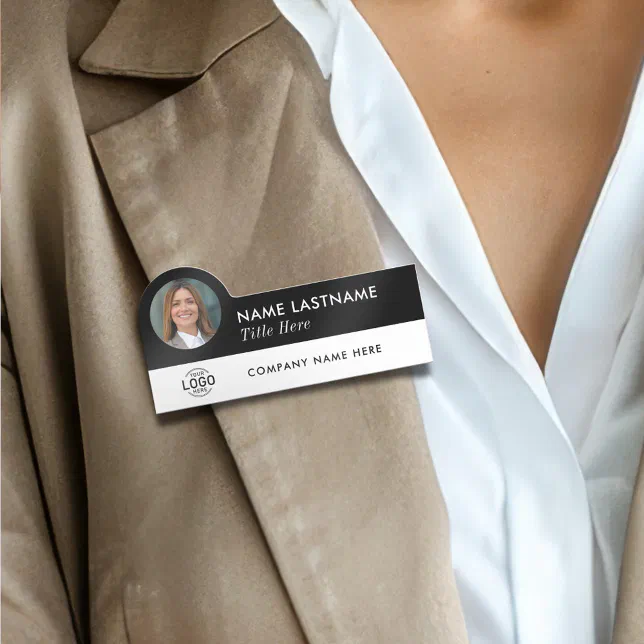 Custom Logo Photo Title Black White Employee Name Tag | Zazzle
