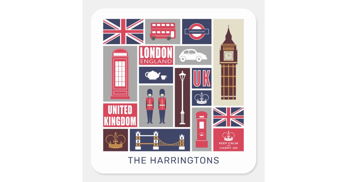 Custom Name London UK Icons Square Sticker | Zazzle