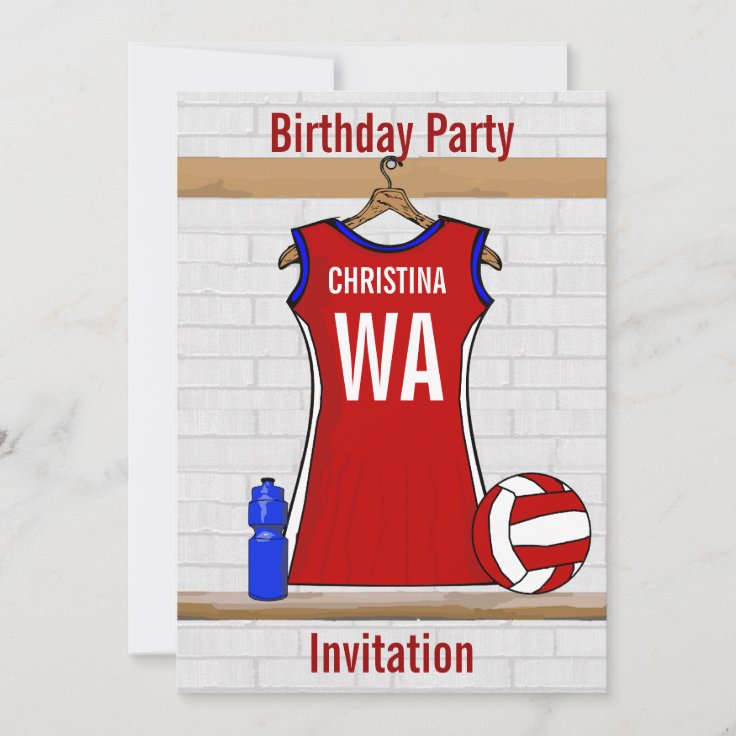Custom Netball Uniform Red with Blue and White Invitation | Zazzle