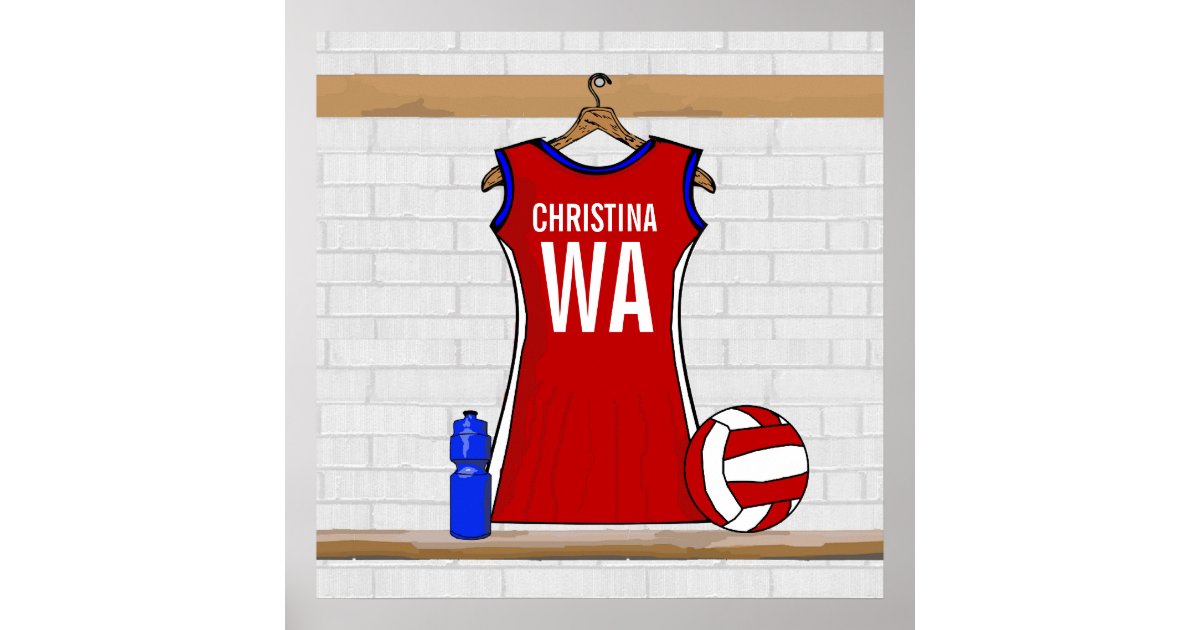 Custom Netball Uniform Red with Blue and White Poster | Zazzle
