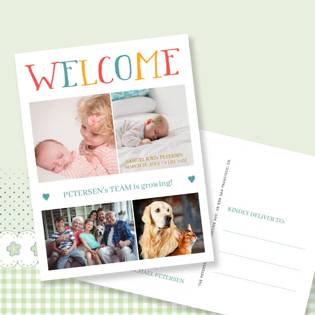 Custom photo collage WELCOME new baby birth Announcement Postcard | Zazzle