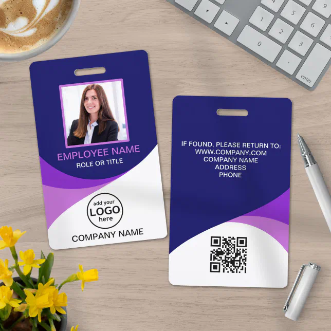 Custom Photo Corporate Employee Barcode Purple ID Badge | Zazzle