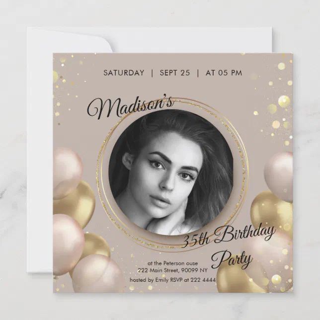 Custom Photo Gold & Beige Birthday Invitation | Zazzle