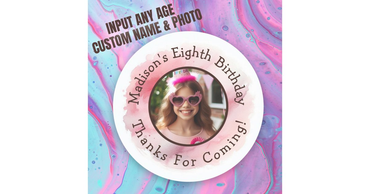 Custom Photo Name Watercolor Birthday Thank You Classic Round Sticker ...
