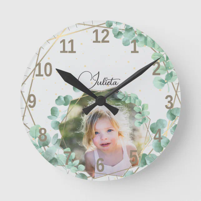 Custom Photo + Text | Elegant Geometric Greenery Round Clock | Zazzle