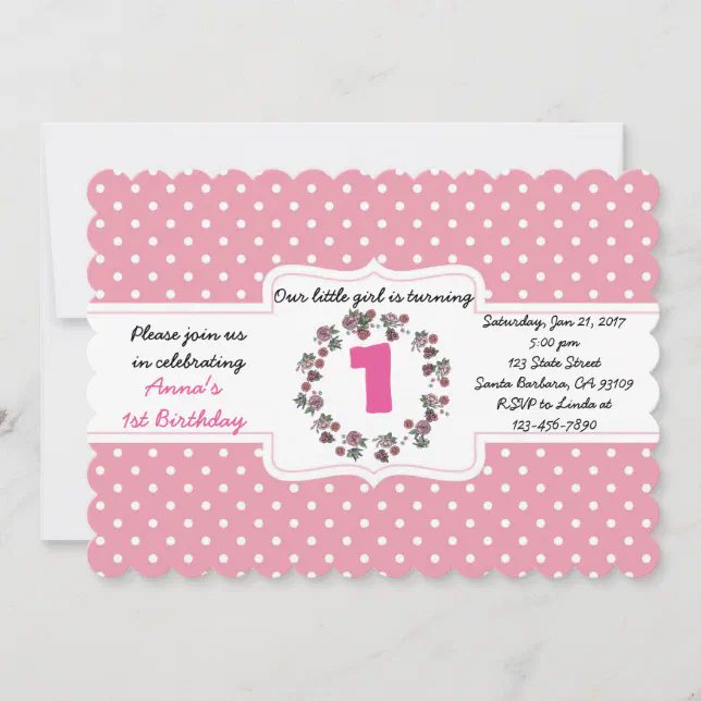 Custom Pink Polka Dot 1st Birthday Invitation Card | Zazzle
