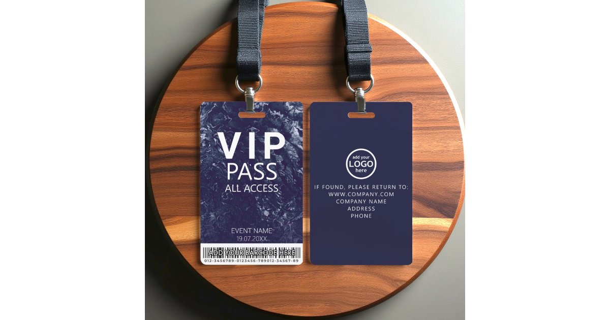 Custom VIP All Access Event Barcode Logo Blue ID Badge | Zazzle