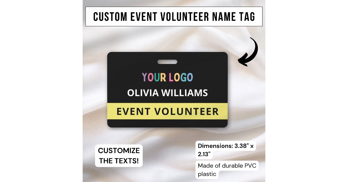 Custom Volunteer Event Black Badge Name Tag Logo ID Badge | Zazzle